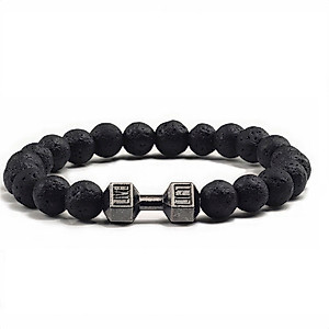 Lava Beads Dumbbell Bracelet For Men, Weight Bracelet 8mm Lava Rock Bracelet Natural Stone, Men Stretch Bracelet Bead Bracelet for Women, Alloy Dumbbell Bracelet, Beaded Jewelry Elastic Blessings Bracelet