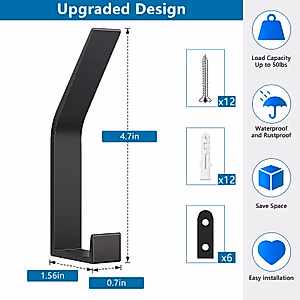 HBdayomuse Coat Hooks - Heavy Duty Black Wall Hooks for Hanging Coats, Bags, Backpacks - 6 Pack Wall Mounted Coat Rack with Black Towel Hooks - Screw in Metal Hooks for Wall Storage