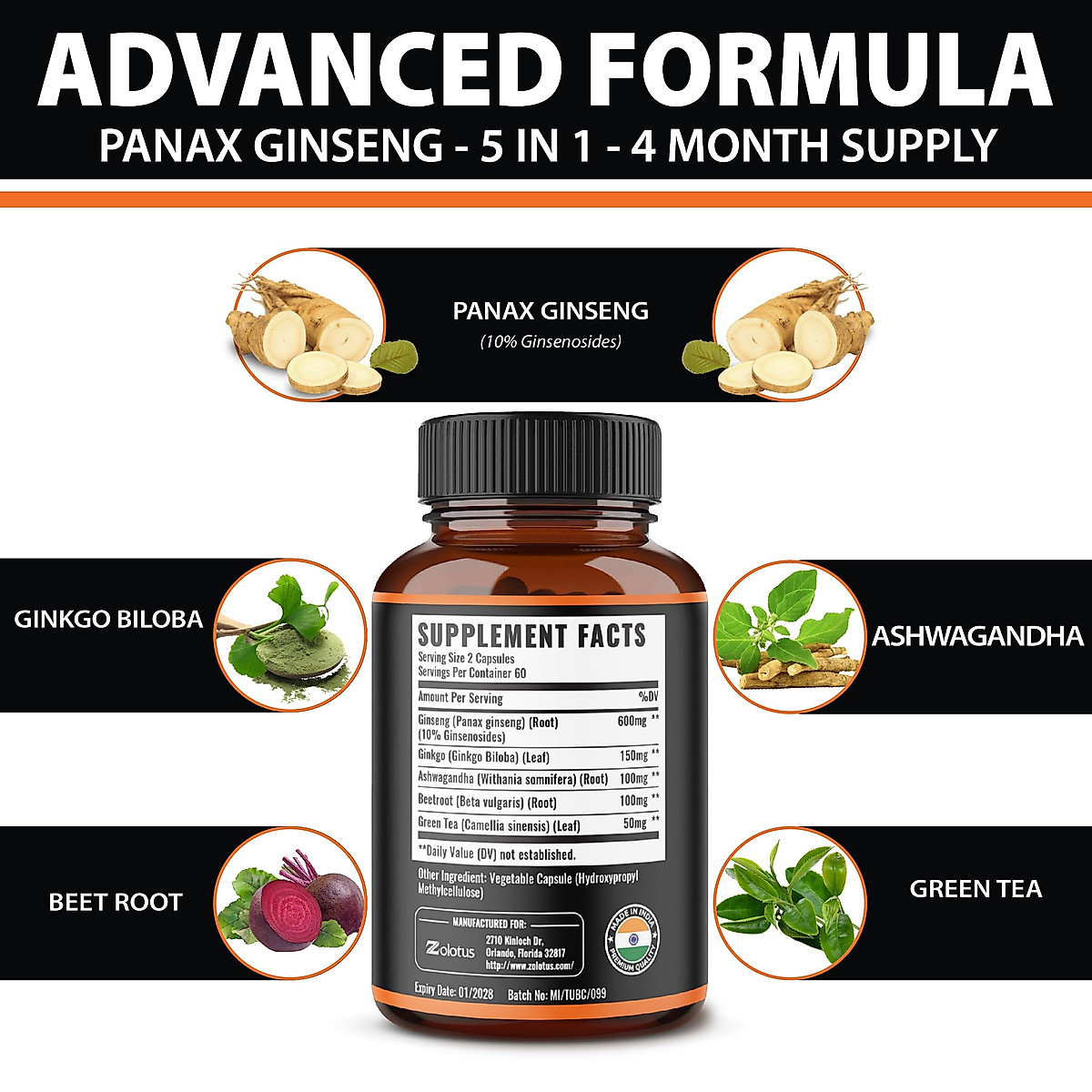 Zolotus Korean Red Panax Ginseng + Ginkgo Biloba, Ashwagandha, Beetroot, Green Tea - 120 Capsules (Pack of 2)
