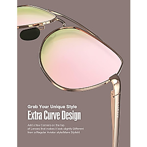 LUENX Women Aviator Sunglasses Polarized Shades Flexible Spring Hinge - Pink Mirror Lens Rose Gold Metal Frame 60mm