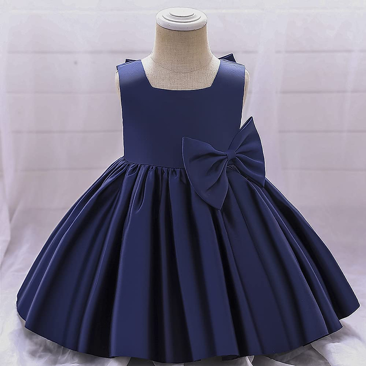 Mubineo Infant Baby Girl Satin Formal Dress Bowknot Princess Birthday Pageant Dress (Navy, 12-18 Months)