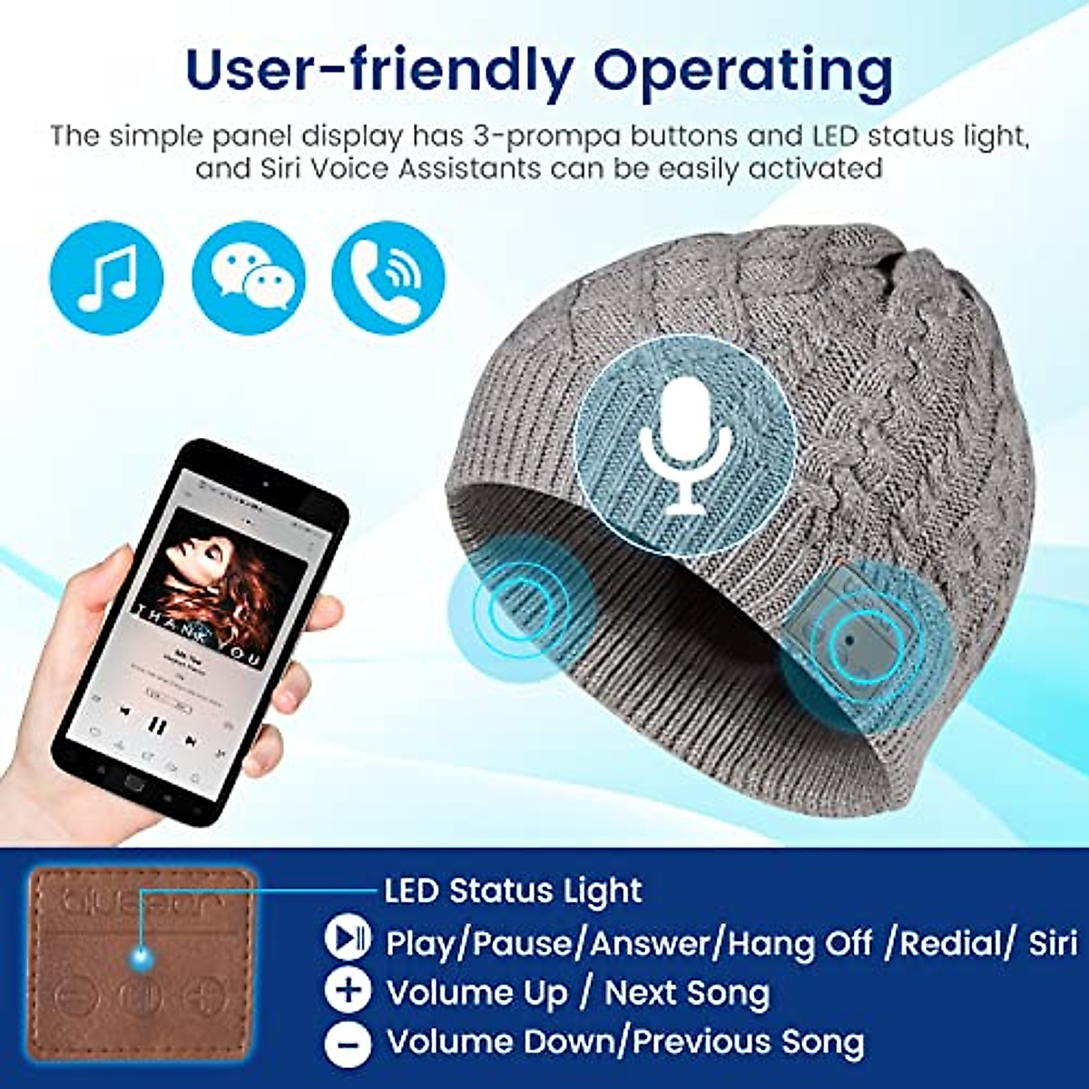blueear Bluetooth Beanie Hat Bluetooh 5.2 Headphone Wireless Winter Knit Hats with Stereo Speaker and MIC 15 Hours Working Time for Outdoor Sports Grey