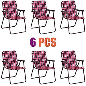 Giantex Beach Chairs Set of 6, Patio Folding Lawn Chairs for Adults, Outdoor Webbing Chair w/Steel Frame, Lightweight & Portable Camping Chairs for Fishing, Yard, Garden, Poolside Webbed Chairs, Red