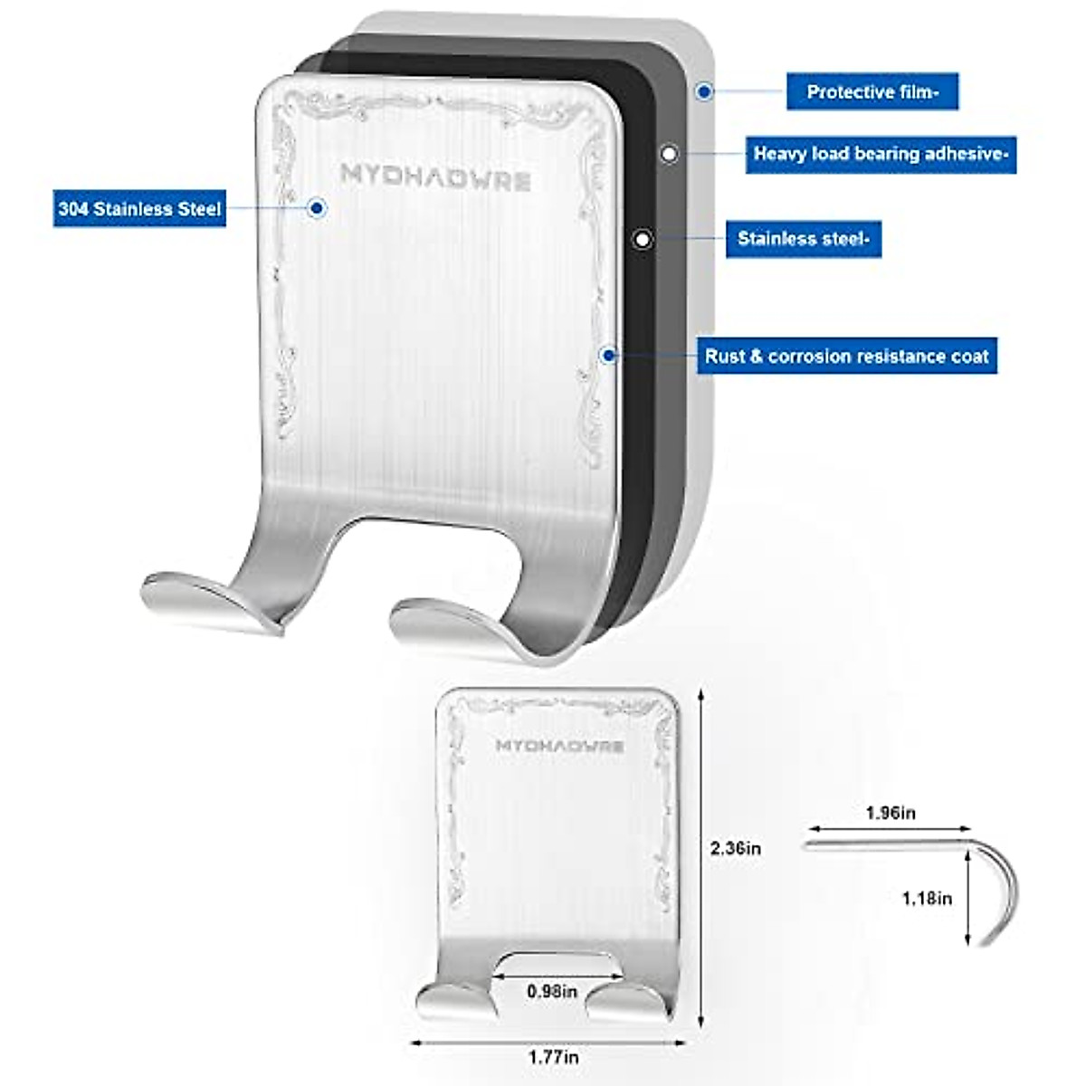 mydhadwre Razor Holder for Shower,Adhesive Shaver Hooks for Wall,Stainless Steel Towel Hooks for Bathroom, Waterproof Hangers for Robe Loofah Coat Keys Bag Plug