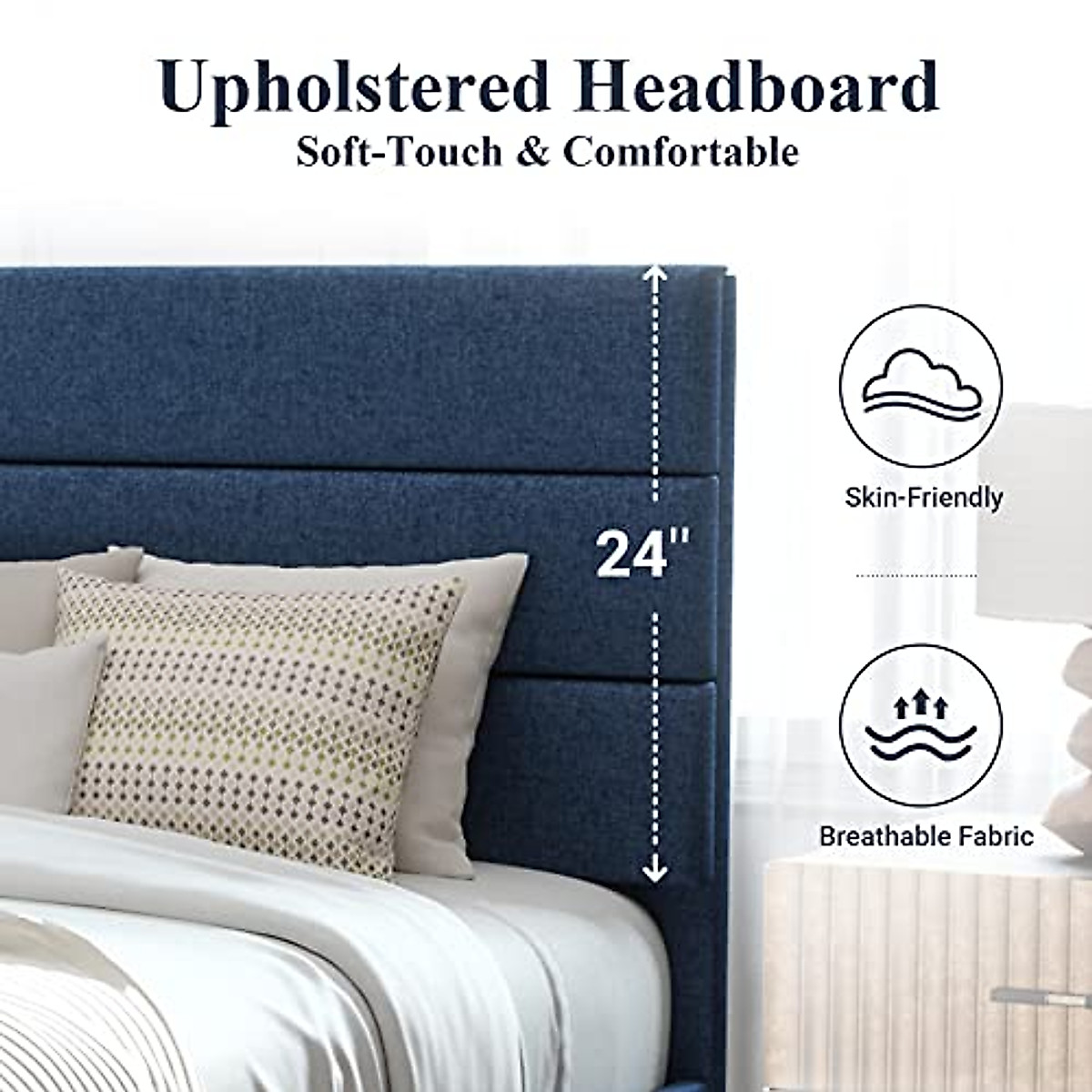 Allewie King Size Platform Bed Frame with Fabric Upholstered Headboard and Wooden Slats Support, Fully Upholstered Mattress Foundation/No Box Spring Needed/Easy Assembly, Navy Blue