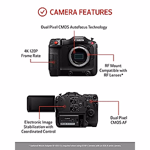 Canon EOS C70 Cinema Camera RF Mount - EF Lens Compatibility w/EF-EOS R 0.71x Adapter - 16+ Stops Dynamic Range - ND Filters - RAW Internal Recording - CMOS AF - Face Eye Detection, Subject Tracking