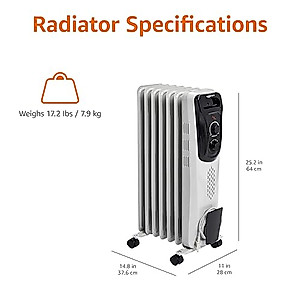 Amazon Basics Oil Heater, Radiator Heater for Indoor Use, With Over-Heat Protection, 7 Oil-Filled Steel Fins, 3 Heat Settings, ETL-certified Safety, 1500W, White, 11"D x 14.8"W x 25.2"H