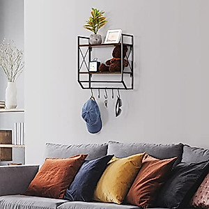 Towel Rack Wall Mounted Bathroom Shelf with Towel Bar 2 Tier Farmhouse Towel Rack Shelf Wooden Floating Shelf with Hooks for Bathroom Kitchen Living Room (Brown)