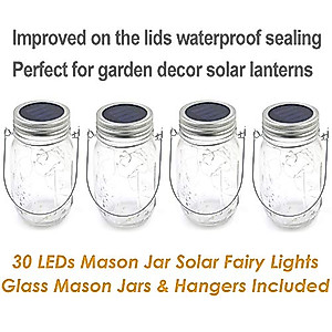 Solar Mason Jar Lights,4 Pack 30 Led Starry Star Fairy Firefly Jar Hanging Lantern Lights,for Outdoor Patio Garden Yard Mason Jar Wedding Table Decor Solar Lanterns Lights(Mason Jars/Hangers Included)