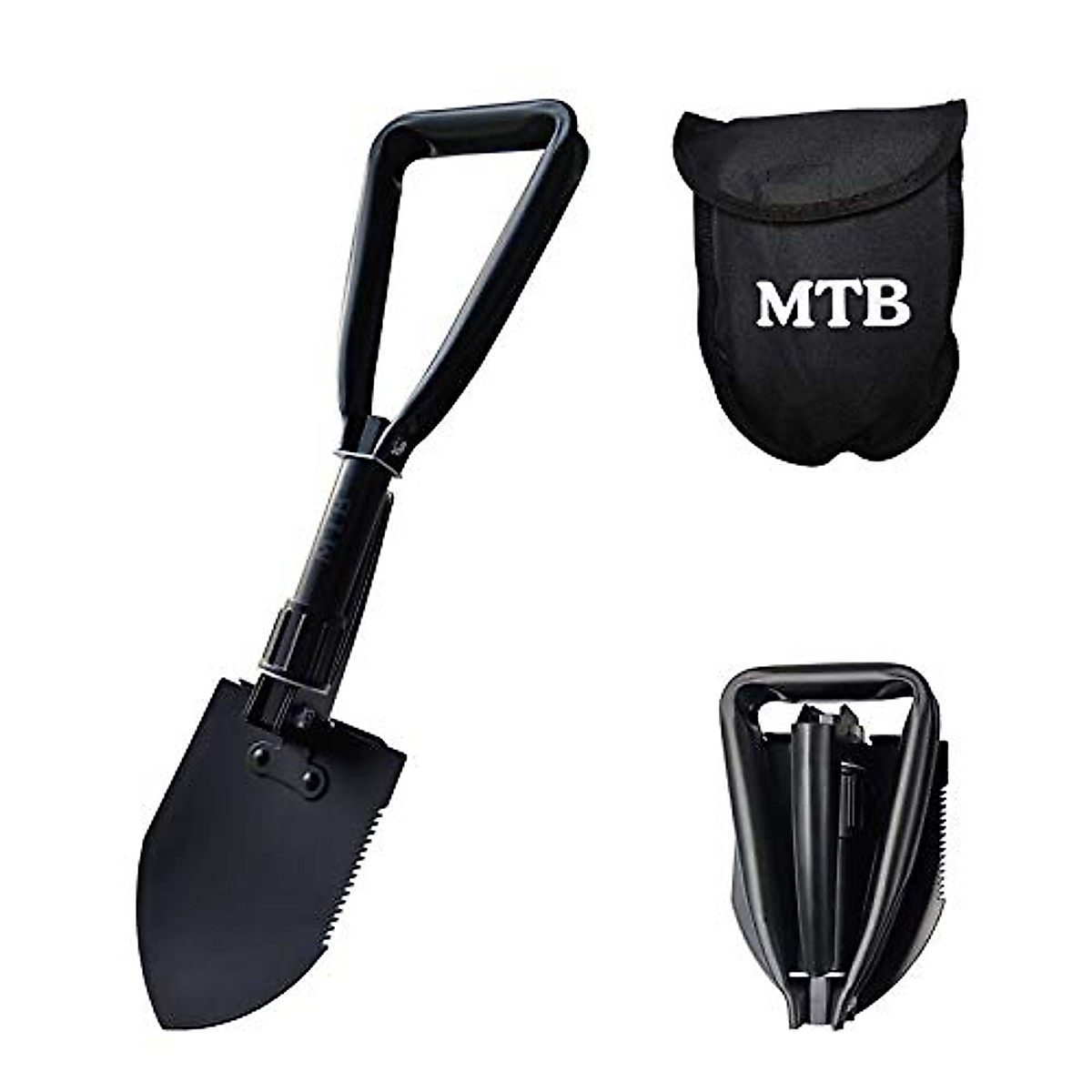 MTB Military Folding Shovel Camping Shovel,High Carbon Steel Entrenching Tool w/Wood Saw Edge and Tactical Carry Case, 18.3 Inch, Black