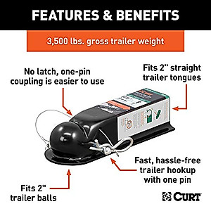 CURT 25470 QuickPin No-Latch Trailer Coupler for 2-Inch Hitch Ball, 2-in Channel, 3,500 lbs