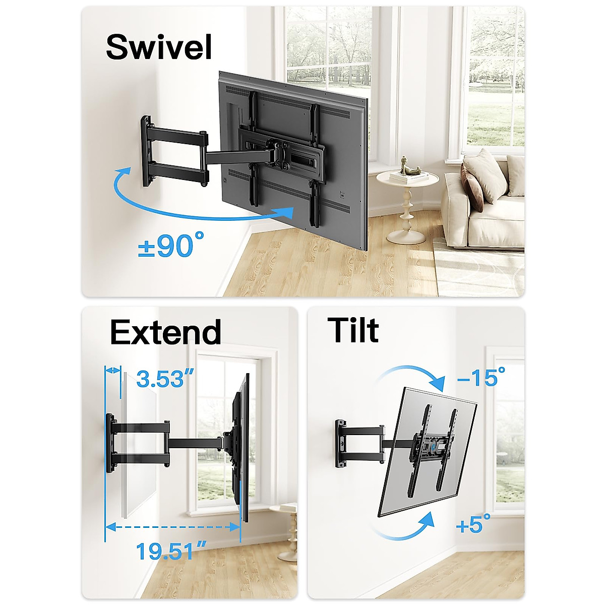 Pipishell Full Motion TV Wall Mount for Most 26-60 inch Flat & Curved TVs up to 77 lbs, Single Articulating Arm, Adjustable Bracket Height, Extension, Max VESA 400x400mm, PIMF9