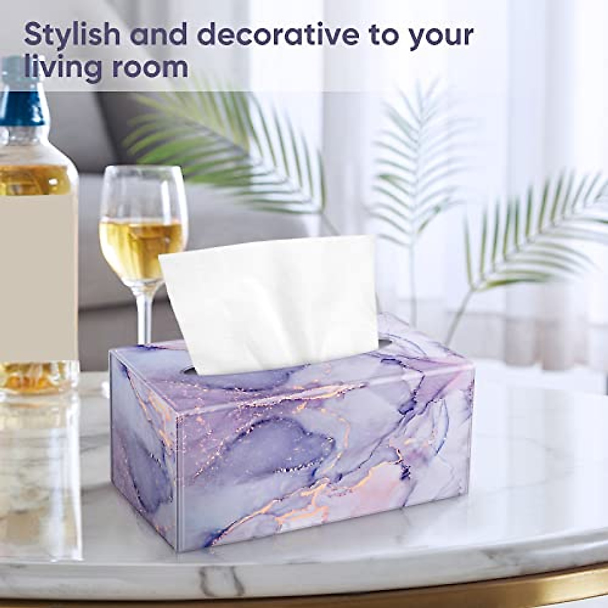 Tissue Box Holder, FINPAC Rectangular PU Leather Foldable Facial Tissue Napkin Box Covers Decor Holder for Living Room, Bathroom, Kitchen Countertop, Lilac Marble