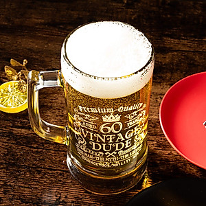 Crisky 60th Birthday Vintage Dude Beer Mug for Men 60 Years Old Gift 21 oz Birthday Beer Glass for Him, Husband, Father, Brother Friends Uncle Coworker, Large Capacity Beer Mug Gift, with Box