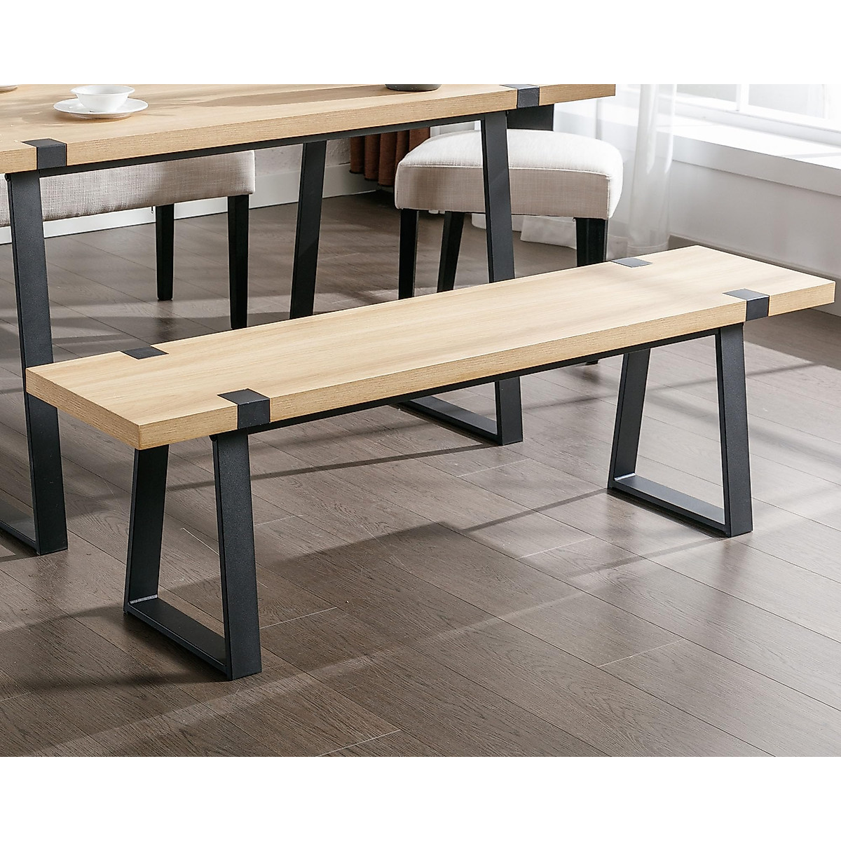 VESCASA 60" Wood Dining Bench with Black Metal Legs for Dining Room, Kitchen, Natural Oak