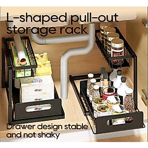 Under Sink Cabinet Organizer 2 Tier Pull Out Cabinet Organizer Cabinet Storage Shelf Multi-purpose Storage Shelf for Bathroom Kitchen (Black)