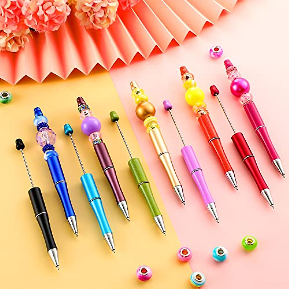 50 Pieces Plastic Beadable Pen Bulk Bead Ballpoint Pen Shaft Black Ink Beaded Pens with 50 Refills for DIY Making Gift Kids Students Office School Supplies (Bright Color)