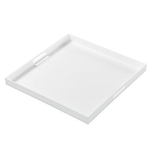 KEVJES Large White Acrylic Serving Tray with Handles-24x24x2 Inch Big Size Spill Proof Tray for Ottoman,Coffee Table, Breakfast, Tea, Food, Butler -Safe Edge Organizer Tray Decorative Tray