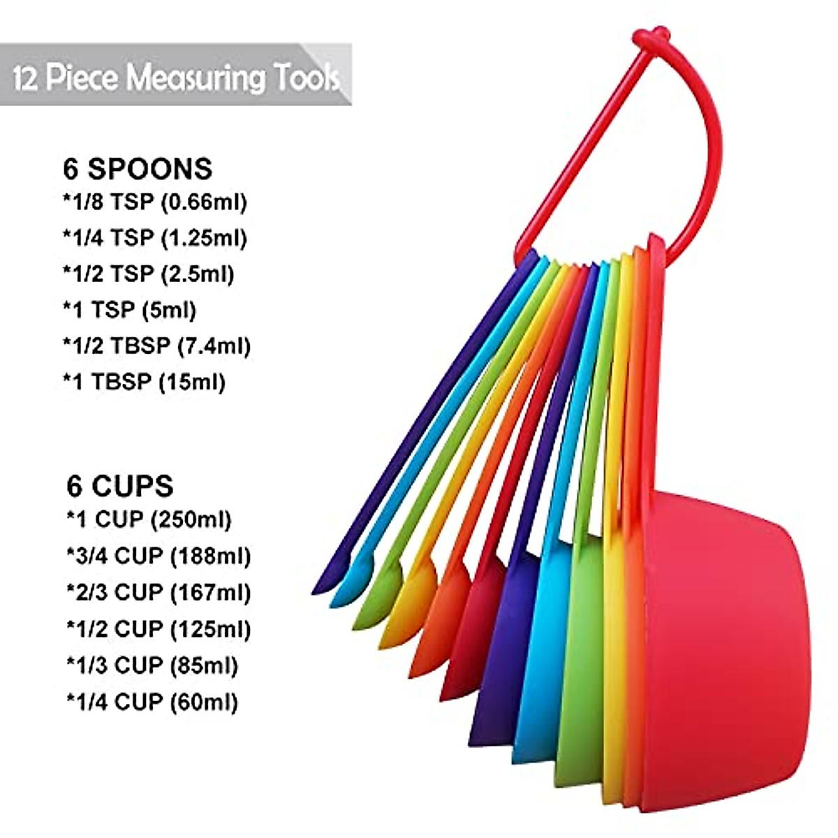 12 Piece Measuring Cups and Spoons Set, Colored Kitchen Measure Tools, Durable Nesting Cups and Spoons for Dry and Liquid, Dishwasher Safe