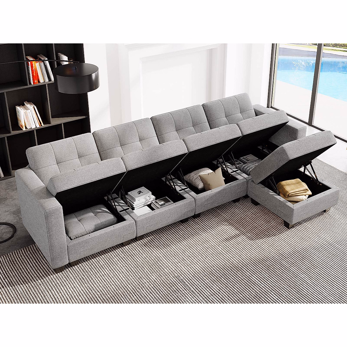 Belffin Light Grey L Shape 5-Seat Modular Sectional Sofa with Storage, Reversible Chaise, Adjustable Backrest, Cotton & Polyester