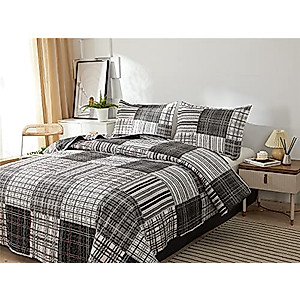 Queen Size Quilt Set Bedding Plaid Patchwork Bedspread Set Soft Lightweight Quilt Bedspread Bedding Black White Grey Plaid Stripe Modern Quilts Patchwork Coverlet Mens Home Quilt for Queen Bed
