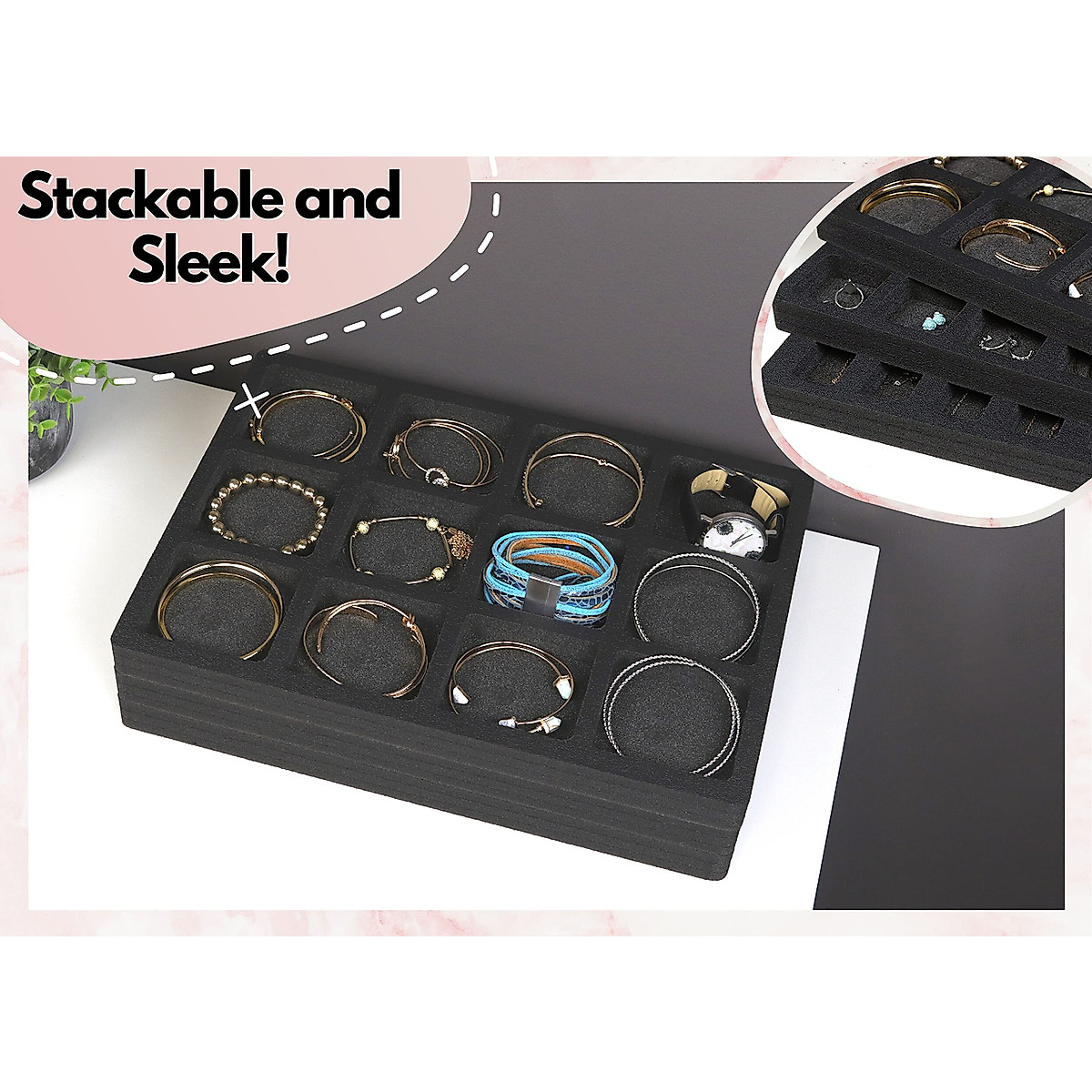 Polar Whale Stackable Jewelry Tray Display Organizer Grid for Home Bedroom Dresser Bathroom Vanity Drawer Durable Elegant Black Foam 14 x 10 Inches Bracelet Ear Ring Necklace and More 3 Piece Set