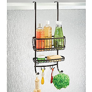 mDesign Metal Wire Over Door Bathroom Tub & Shower Bath Caddy, Hanging Storage Organizer Center - Holds Shampoo, Conditioner, Body Wash, Razor, Towel - 2 Baskets, 6 Hooks - Hyde Collection - Bronze