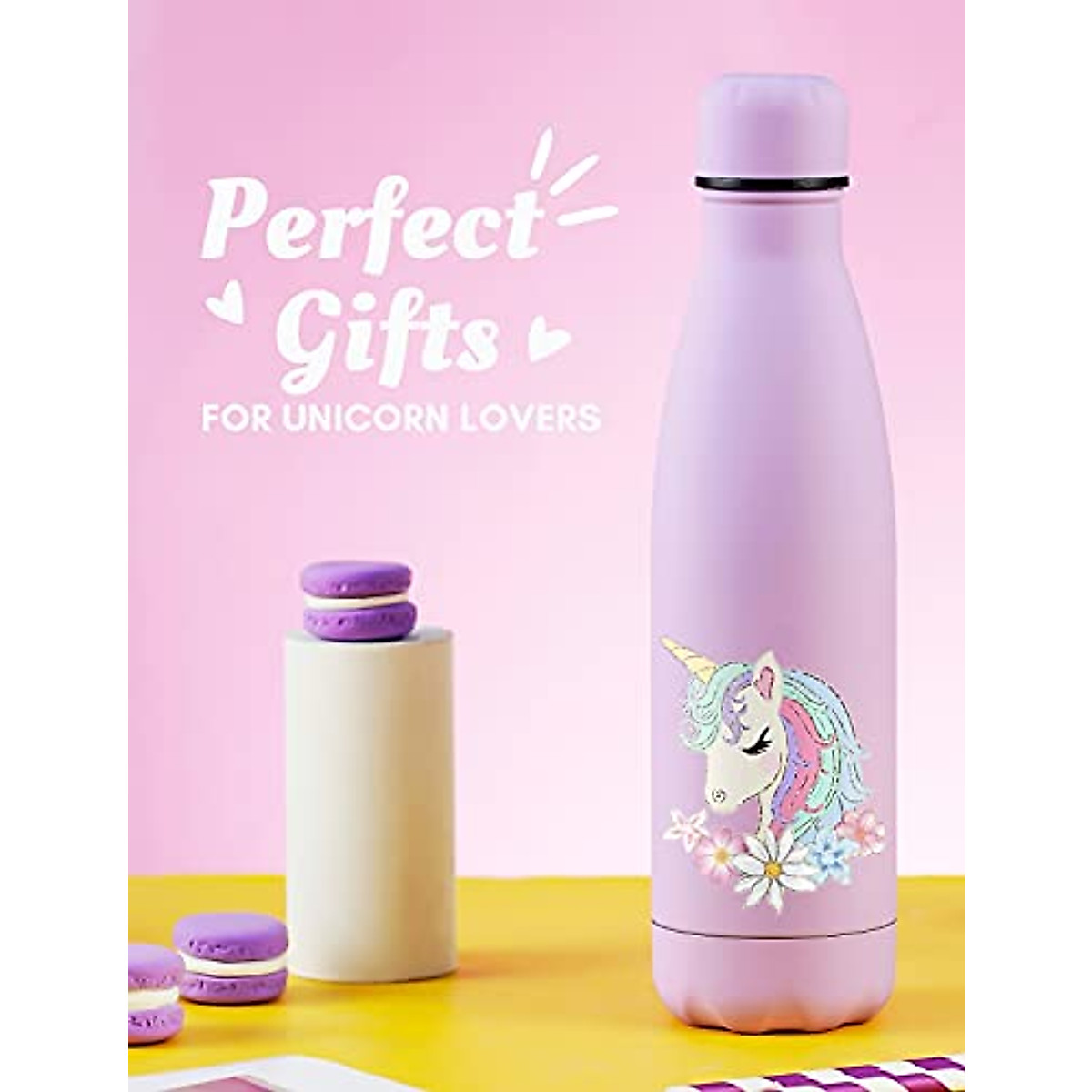 Onebttl Unicorn Gifts, Unicorn Party Supplies, Stainless Steel Water Bottle, Kids Water bottle 17oz/500ml Double Wall Vacuum Insulated Thermo Bottle PURPLE FLOWER