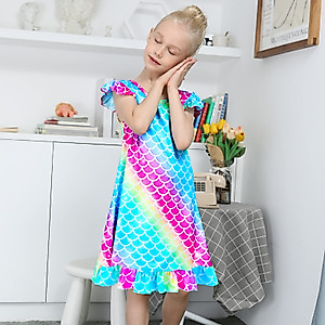 Fiodrimy Girls Nightgowns Unicorn Sleepwear Night Sleep Dress Pajamas Little Kids Toddler Soft Nightgown (Rainbow Mermaid, 4-5 Years)