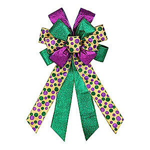 Mardi Gras Wreath Bows, Purple Green Spots Glitter Plaid Mardi Gras Bows for Wreaths - Large Mardi Gras Decor Bow for Mardi Gras Carnival Home Garden Indoor Outdoor Decoration Wreath Ornament Supplies