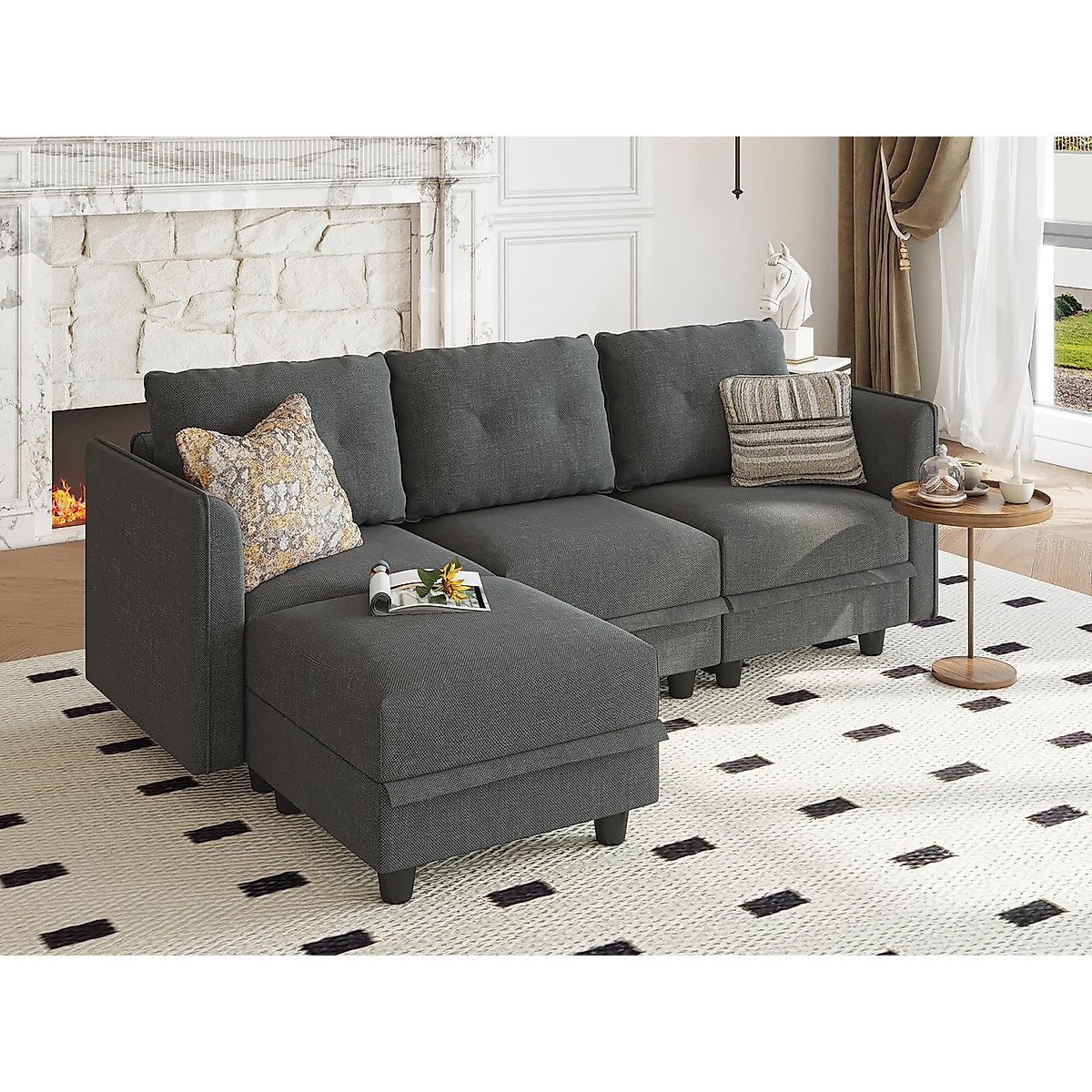 LLappuil Modular Sectional Sofa with Reversible Chaise, L Shaped Sofa with Ottoman, 4 Seater Sectional Corner Couch with Storage, Black