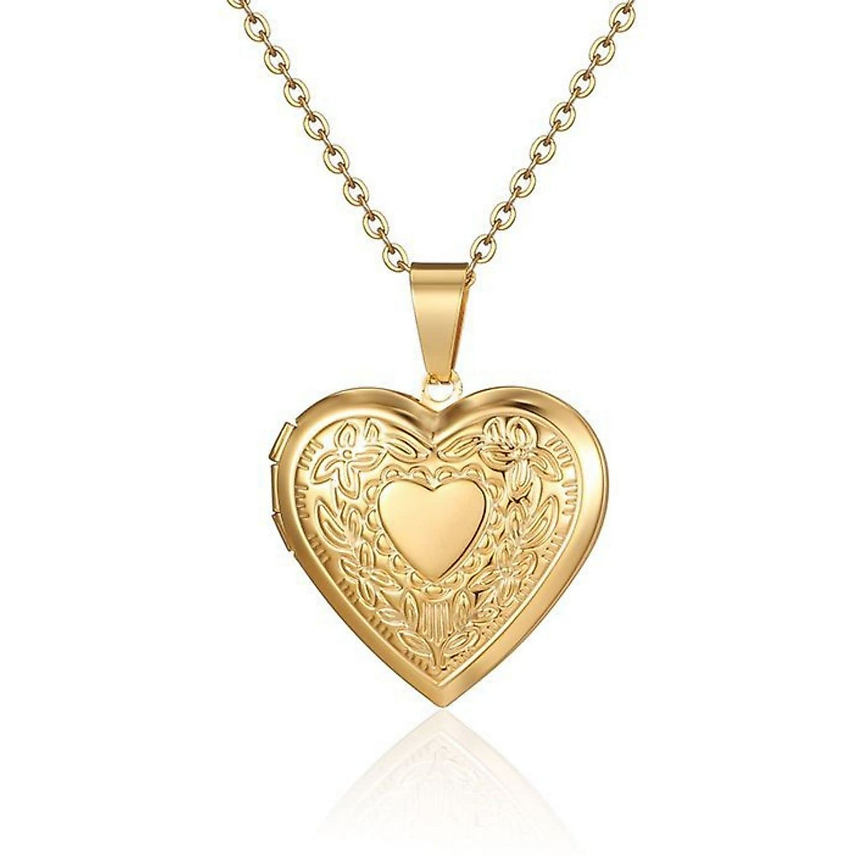 Vintage Engraved Flower Locket Picture Pendant Necklace Antique Carved Pattern Oval Heart Pendant Necklace For Women Hold Picture Souvenir Memorial Jewelry(Gold Heart 1)