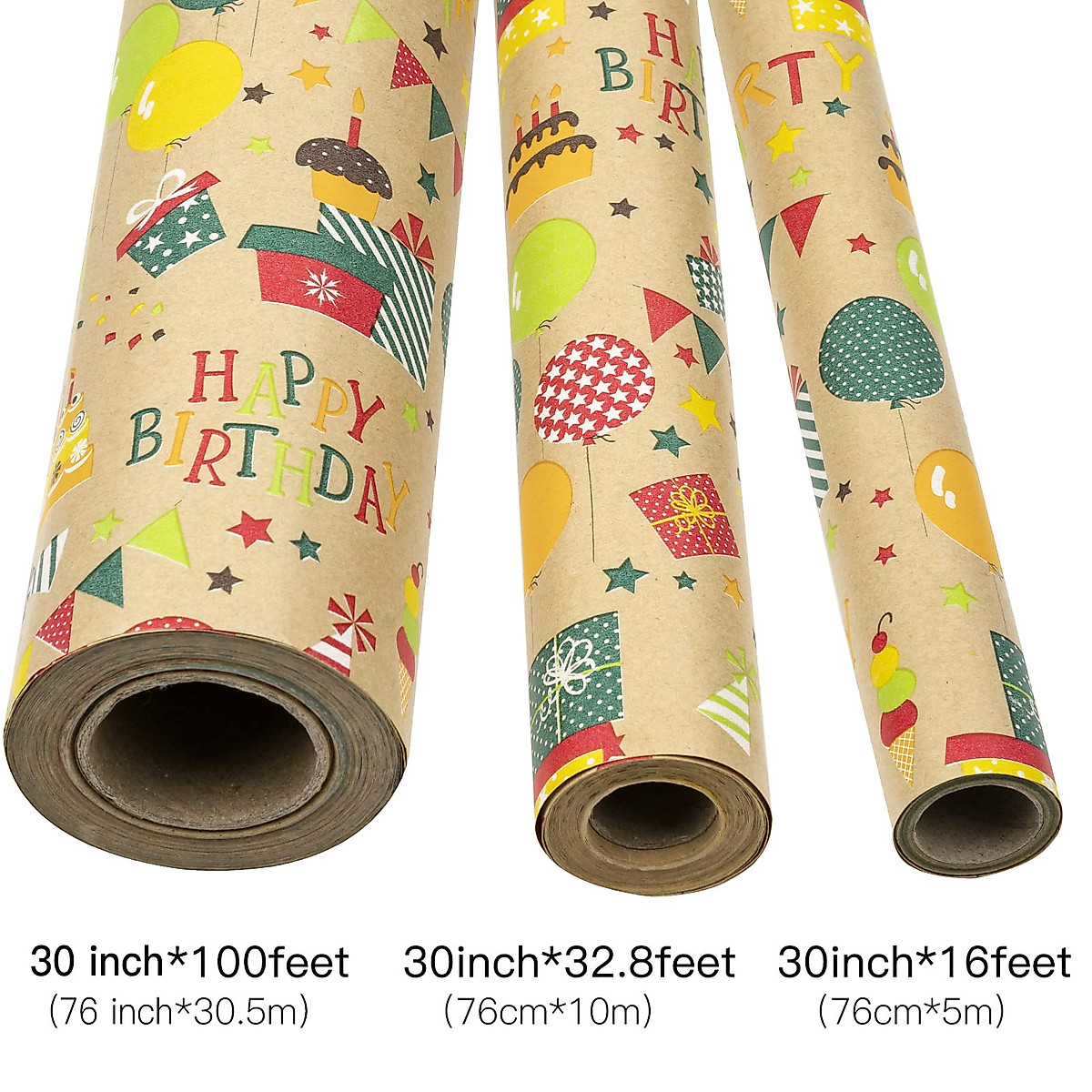 RUSPEPA Kraft Wrapping Paper Roll - Birthday Party Pattern - 30 Inches x 100 Feet
