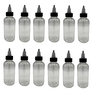 Natural Farms 4 oz Clear Boston Plastic Bottles -12 Pack Empty Bottle Refillable - BPA Free - Essential Oils - Aromatherapy | Black/Natural Twist Top Cap - Made in the USA