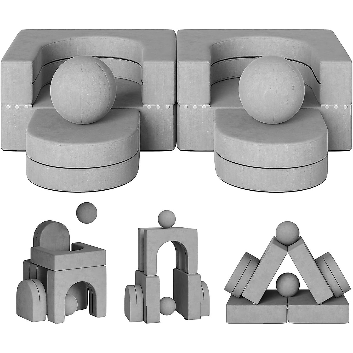 8 Pcs Kids Couch, Modular Kids Play Couch, Fold Out Toddler Couch Building Fort with Balls for Playroom, Convertible Kids Floor Sofa and Foam Couch for Boys and Girls, 30+ Creativity - Grey