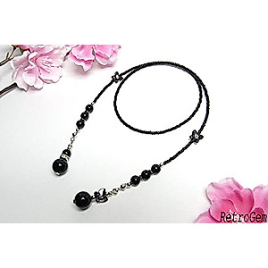 RetroGem Black Swarovski Elements Crystal Pearl with Black Glass Seed Beads Book Thong Bookmark (10" - Black)