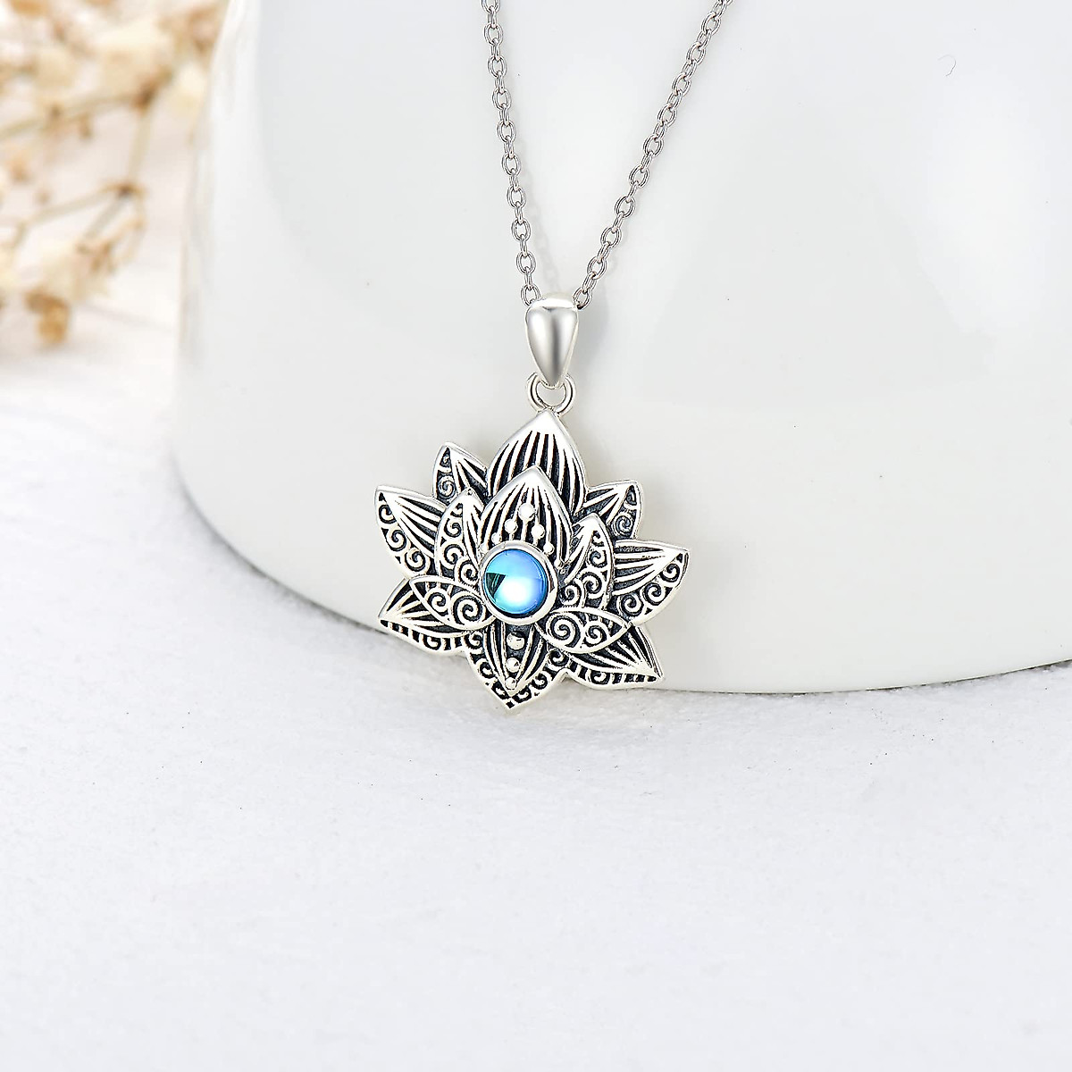 YAFEINI Buddha Lotus Necklace Sterling Silver Moonstone Lotus Flower Pendant Yoga Spiritual Jewelry Gifts for Women