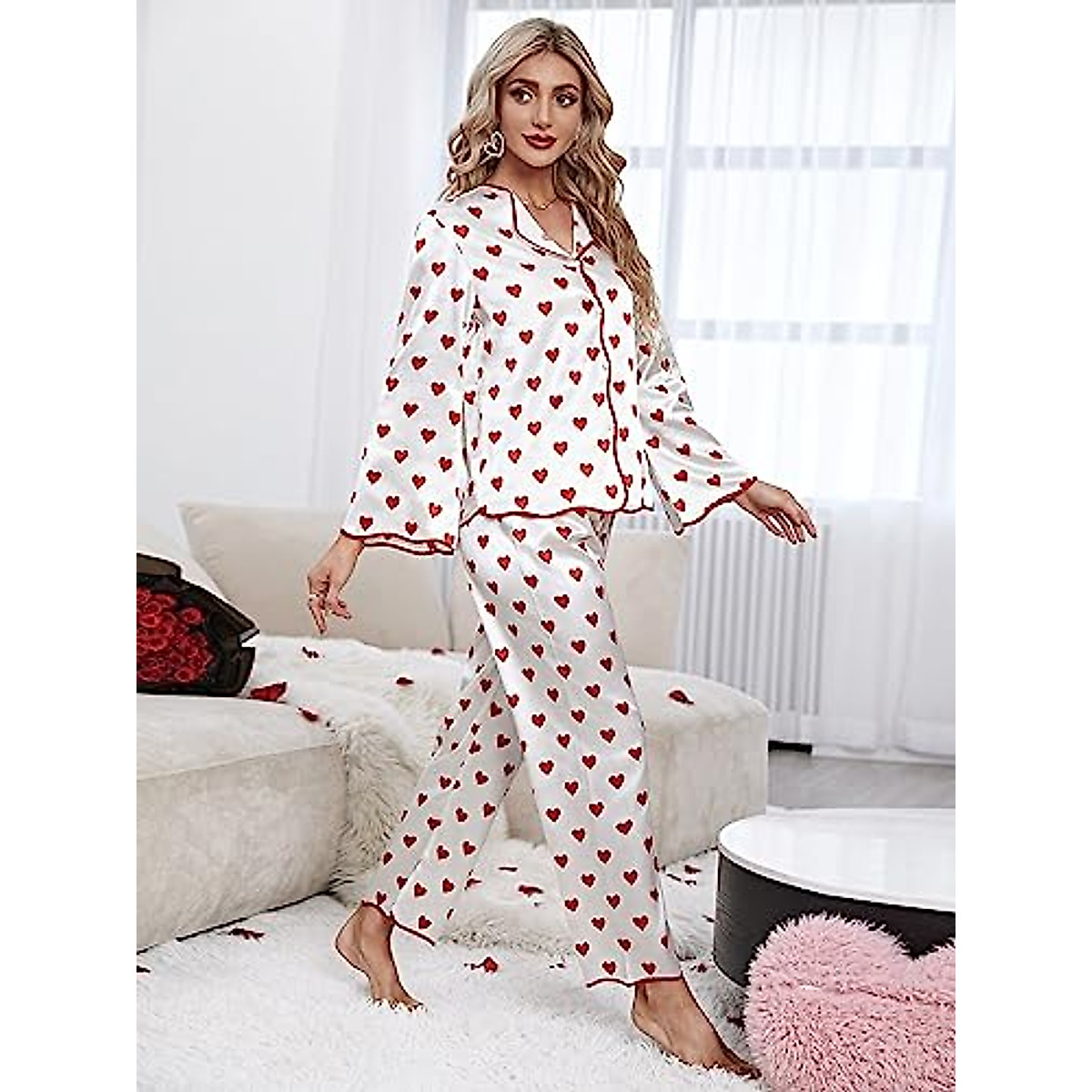 Verdusa Women's Satin Pajama Sets Sleepwear Heart Print Button Up Shirt and Pants White M