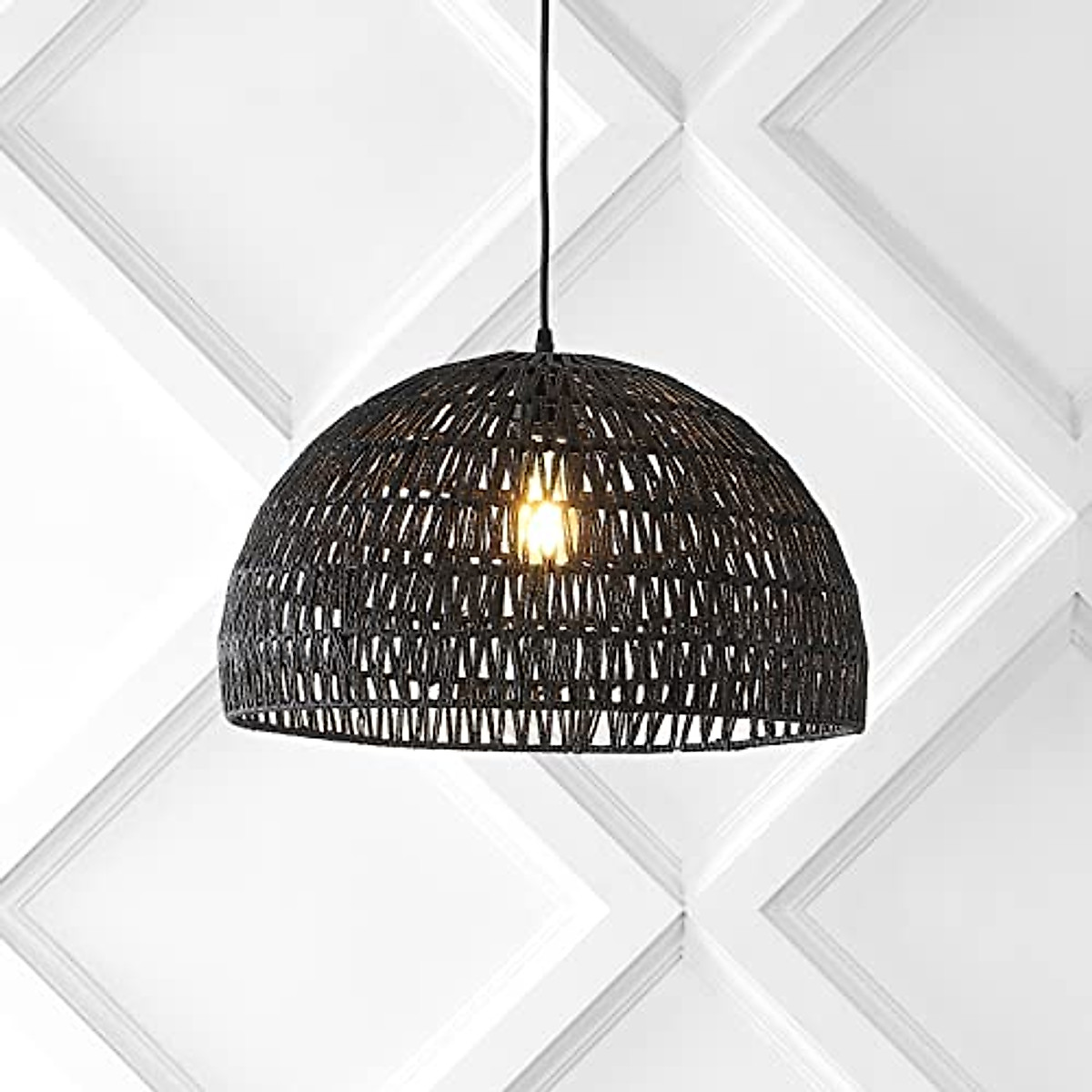 JONATHAN Y JYL6504C Campana 20" 1-Light Bohemian Modern Woven Rattan/Iron LED Pendant Farmhouse Coastal Adjustable Dining Room Living Room Kitchen Island Foyer Bedroom Hallway, Black