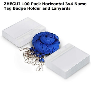 Nametag Badge Holders with Lanyard 3x4 Horizontal Badge Holder Waterproof PVC ID Cards by ZHEGUI (Royal Blue, 100 Pack)