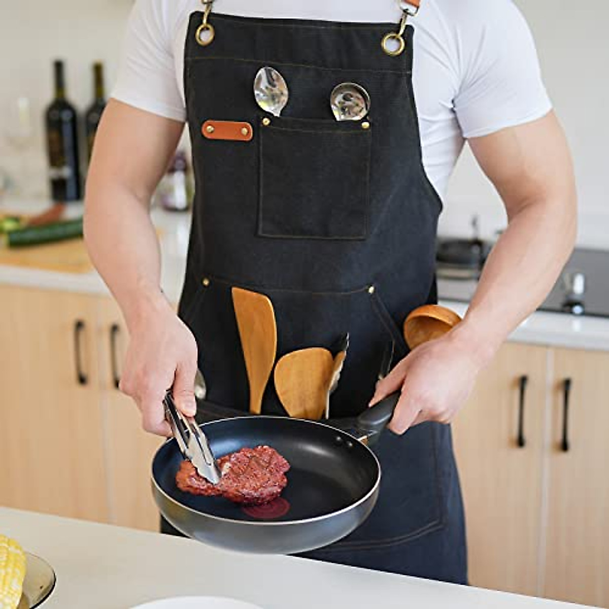 Aoomzoon Canvas Aprons for Men Chef Apron, Work Apron with Large Pockets - Durable 16oz Heavy Duty Cross Back, BBQ, Cooking (Black②, 1 Pack)