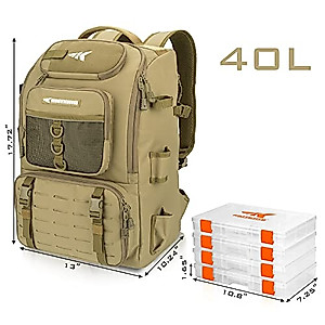 KastKing Karryall Fishing Tackle Backpack with Rod Holders 4 Tackle Boxes,40L Large Storage Water-resistant Fishing Bag Store Fishing Gear and Equipment for Fishing,Camping,Hiking,Outdoor Sport