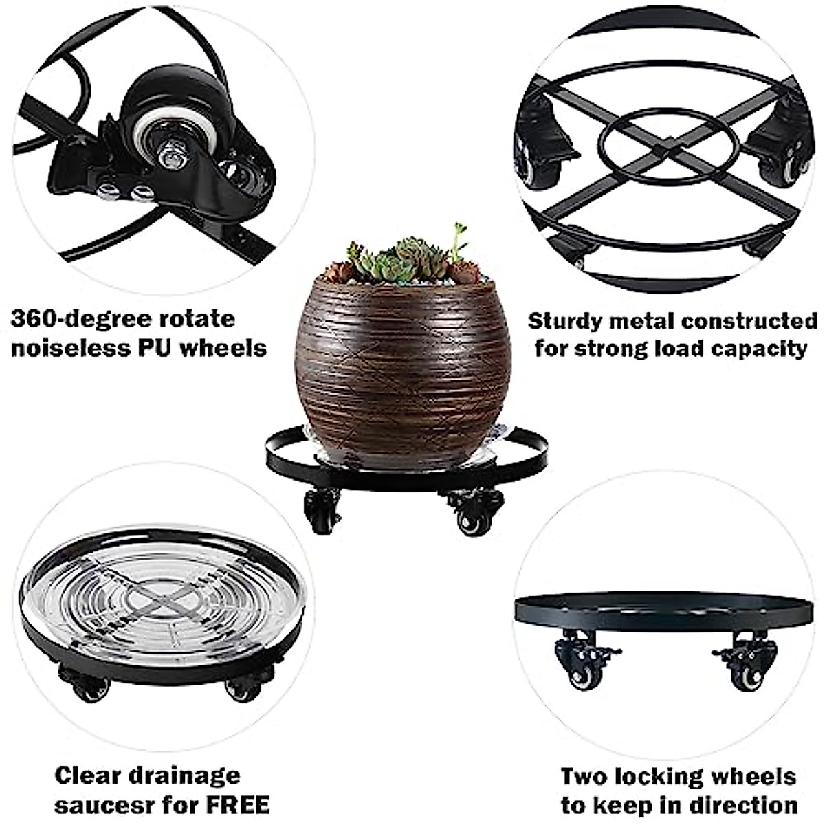 3 Packs Large Metal Plant Caddy 12.6” Plant Dolly with Wheels Heavy-Duty Wrought Iron Rolling Plant Stand with Casters for Indoor and Outdoor Plant Pot Rollers Black, 12" Clear Plant Saucers Included