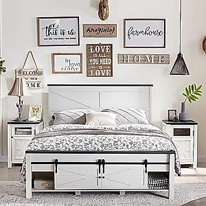 JXQTLINGMU 14" Full Bed Frame and Headboard, Wood Farmhouse Bed Frame with Sliding Barn Door Storage, Curved Wood Slats Support, Noiseless, No Box Spring Needed, Rustic White