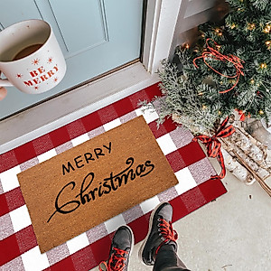 Christmas Door Mat Combo Set - 100% Coco Coir Welcome Mat + 28 x 43 Inch Red and White Plaid Rug, Christmas New Year Holiday Collection Doormat for Front Porch Entryway Decorative