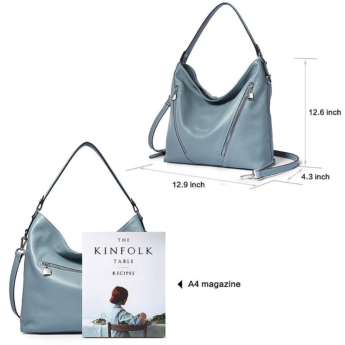 BOSTANTEN Women Leather Handbag Designer Large Hobo Purses Shoulder Bags Blue and Small Bifold Zipper Pocket Wallet Card Case Purse with ID Window Blue