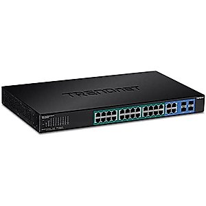 TRENDnet 28-Port Web Smart PoE+ Switch, 24 x Gigabit PoE+ Ports, 4 x Shared Gigabit Ports (RJ-45 or SFP), VLAN, QoS, LACP, IPv6 Support, 370W PoE Power Budget, Lifetime Protection, TPE-5028WS