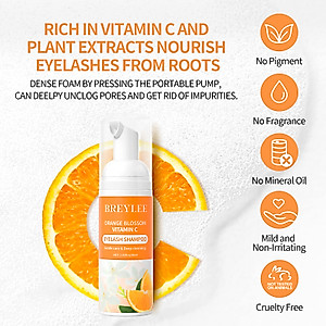 Eyelash Extension Cleanser Brelyee Orange Blossom Lash shampoo 60ml + Brush, Eyelash Wash for Extensions, Lash Cleanser, Lash Bath, Lash Cleaner, Paraben & Sulfate Free for Professional & Self Use