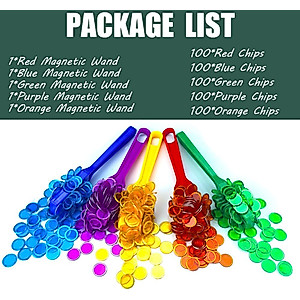 Dacefloy Magnetic Wands and Bingo Chips Game Tokens Educational STEM Kits for Learning, Sensory Bins, Science, Counting & Sorting 5-Pack & 500 Metal Chips