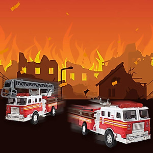 ArtCreativity 5.5 Inch Toy Fire Trucks - Set of 2 - Pull Back Firetruck Toy Cars for Boys and Girls - Includes Metal Ladder Truck and Fire Engine - Best Birthday Gift for Kids, Toddlers